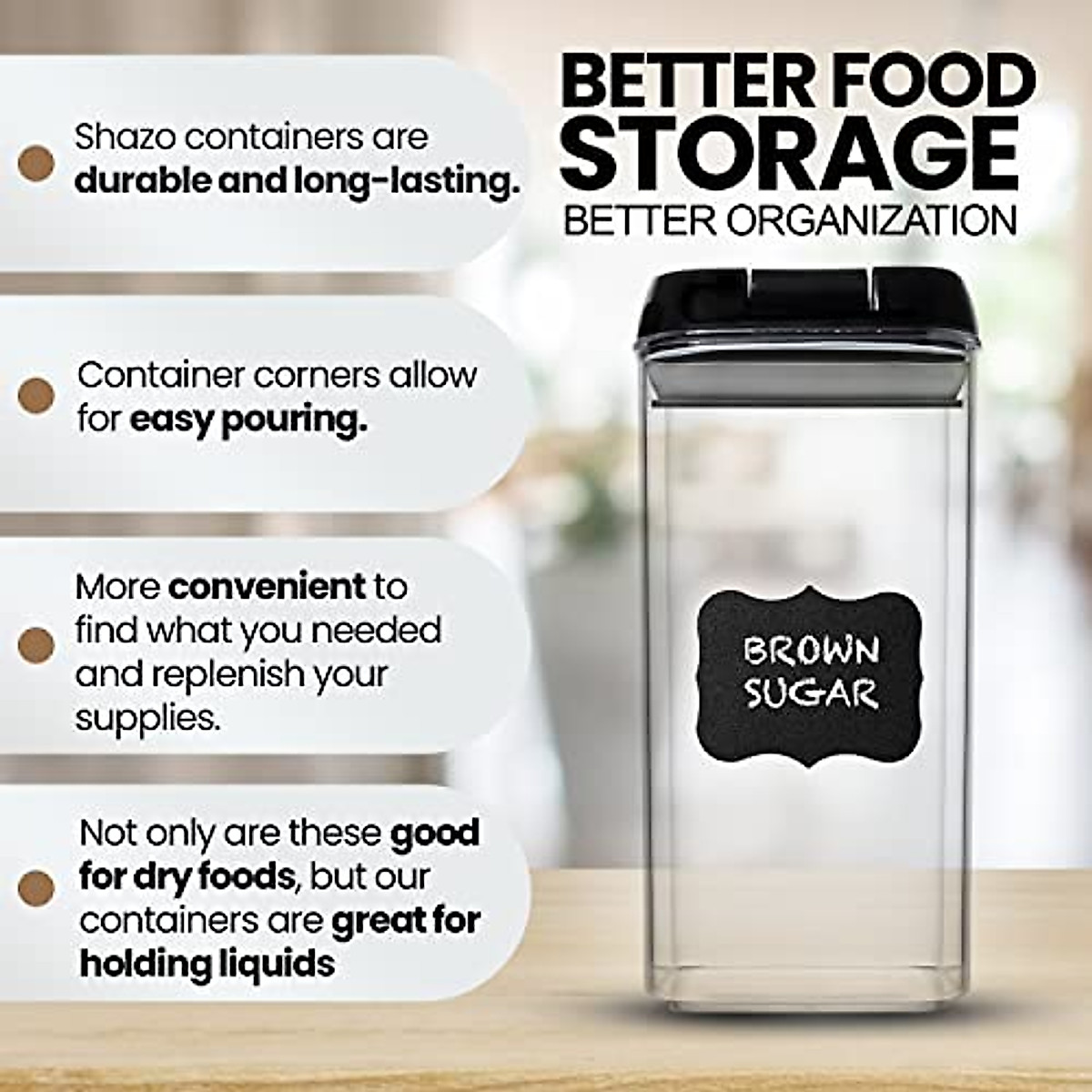 Shazo Airtight Food Storage Container (Set of 6) - BONUS Measuring Cup - Labels & Marker - Durable Plastic - BPA Free - Clear with Improved Lids (Black) - Air Tight Snacks Pantry & Kitchen Canisters