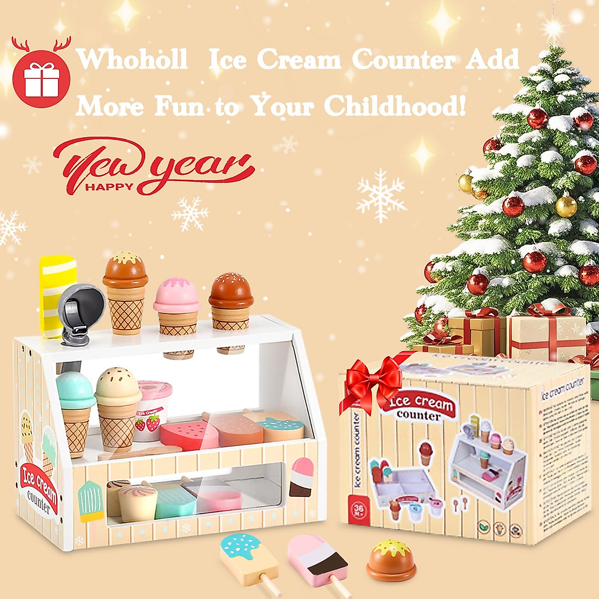 Wooden Ice Cream Toys Kids Play Store Pretend Toy for Toddlers, Play Kitchen Accessories with Scoop & Menu & Fake Money, Ideal Ice Cream Play Set Gifts for 3 4 5 6 7 8 Year Old Girls Boys