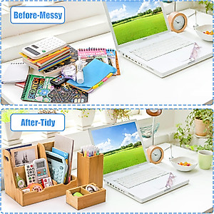 Elsjoy 3 Pieces Bamboo Desk Organizer Set with Pen Holder, Table Organizer Caddy Office Desk Accessories Storage Holder with Handle, Desktop Organizer for Office Supplies, Vanity, Mail