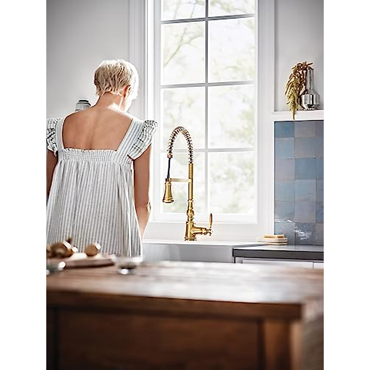 Moen WeymouthBrushed Gold One Handle Pre-Rinse Spring Farmhouse Pulldown Kitchen Faucet with Power Boost for a Faster Clean, S73104BG