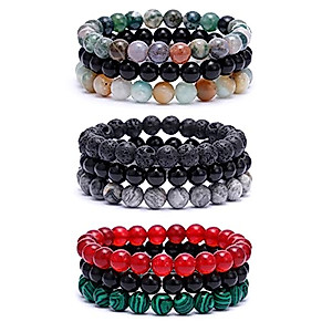 BOMAIL 9Pcs 8mm Natural Stone Beaded Bracelet Set for Men Women Semi-Precious Gemstone Beads Bracelets Matte Lava Rock Volcanic Tiger Eye Stone Yoga Healing Energy Crystal Stretch Bracelets Set