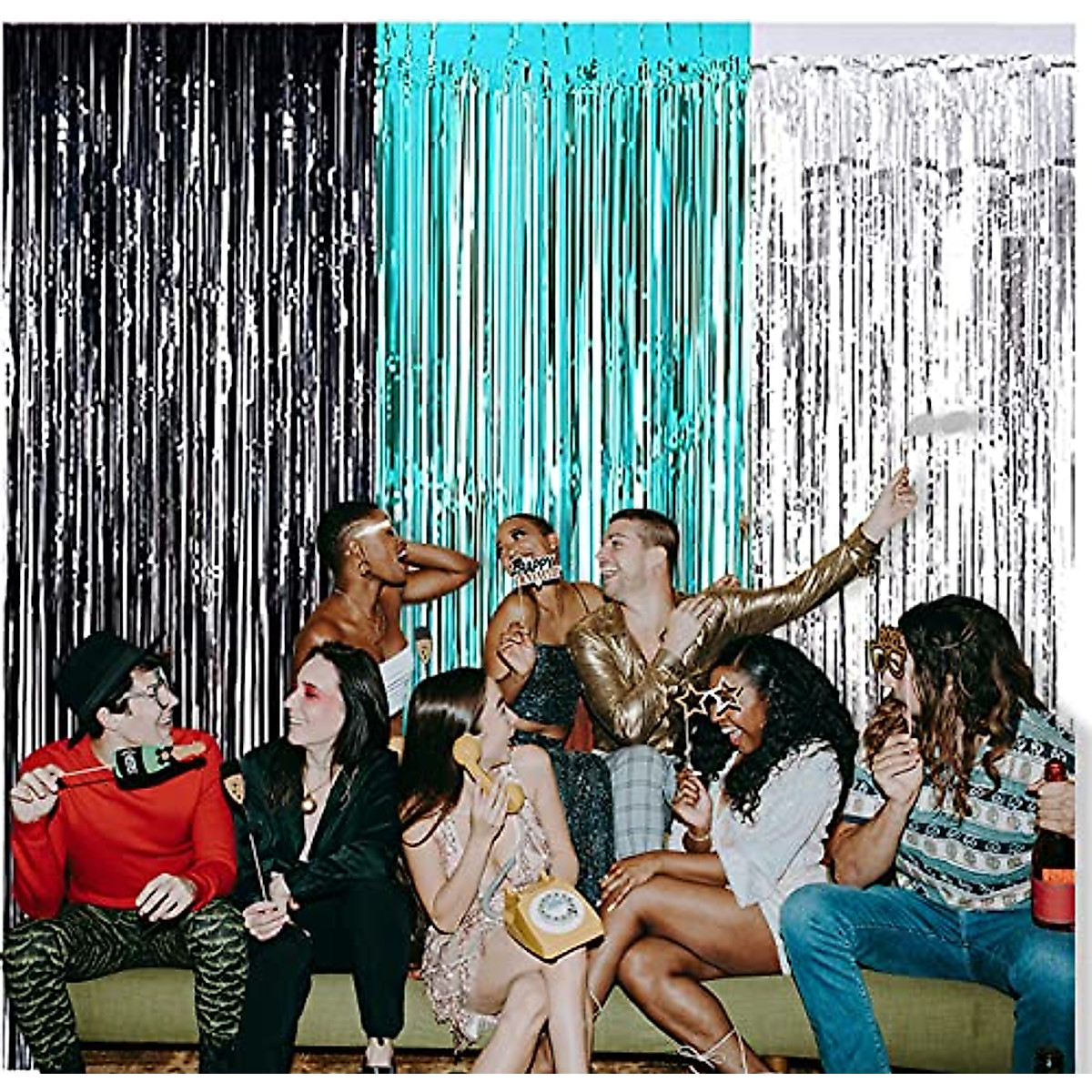 Graduation Decorations 2023 Turquoise Black Silver Foil Fringe Curtains for 2023 Turquoise Graduation Party Photo Backdrop/Women Birthday Decorations