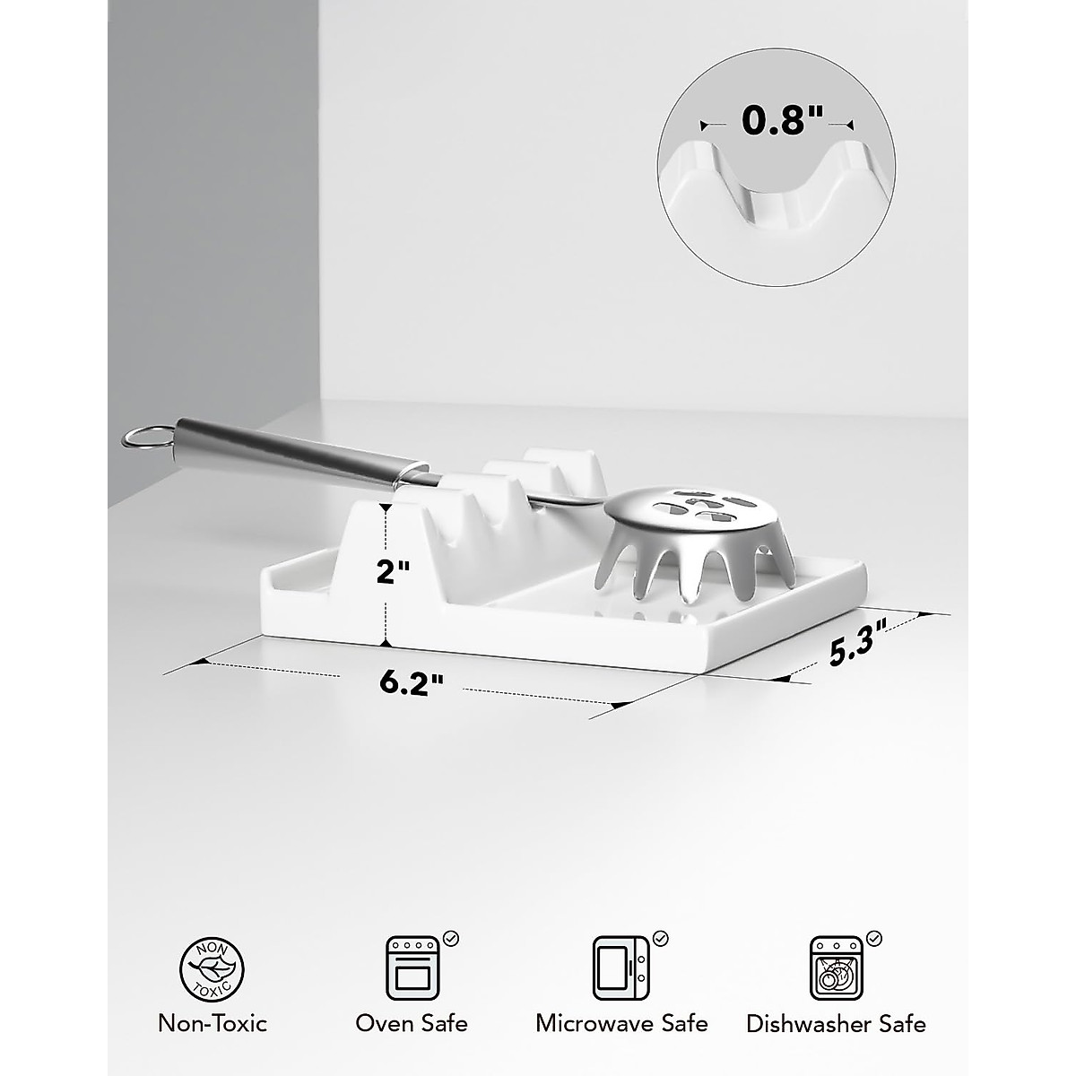 LE TAUCI Ceramic Spoon Rest for Stove Top, Spoon and Lid Rest for Kitchen Counter, Spoon Holder with Drip Pad for Multiple Utensils, Heat-Resistant, Housewarming Present - 6.2 inch, Set of 1, White