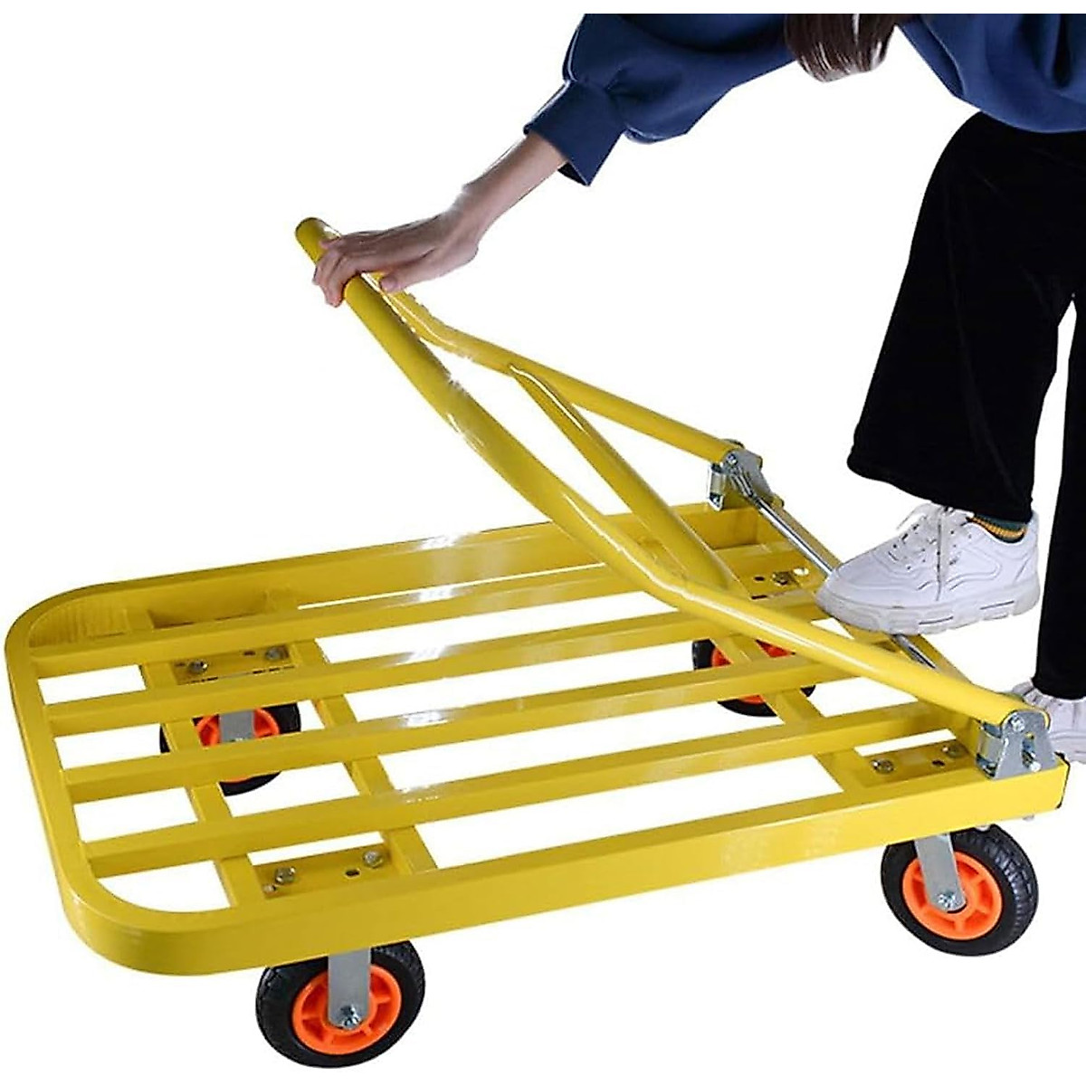 Platform Truck Heavy Platform Truck Steel Flat Handtruck Load 1320lbs Folding Push Cart Silent Flatbed Cart Bright Yellow Moving Dolly Cart Reliable
