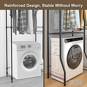 5-Tier Laundry Room Storage Shelf, Space-Saving Metal Clothes Drying Rack with Adjustable Shelves, Bathroom Towel Rack, Wire Basket, and Rotatable Hooks -Ideal for Over Washer and Dryer Organization