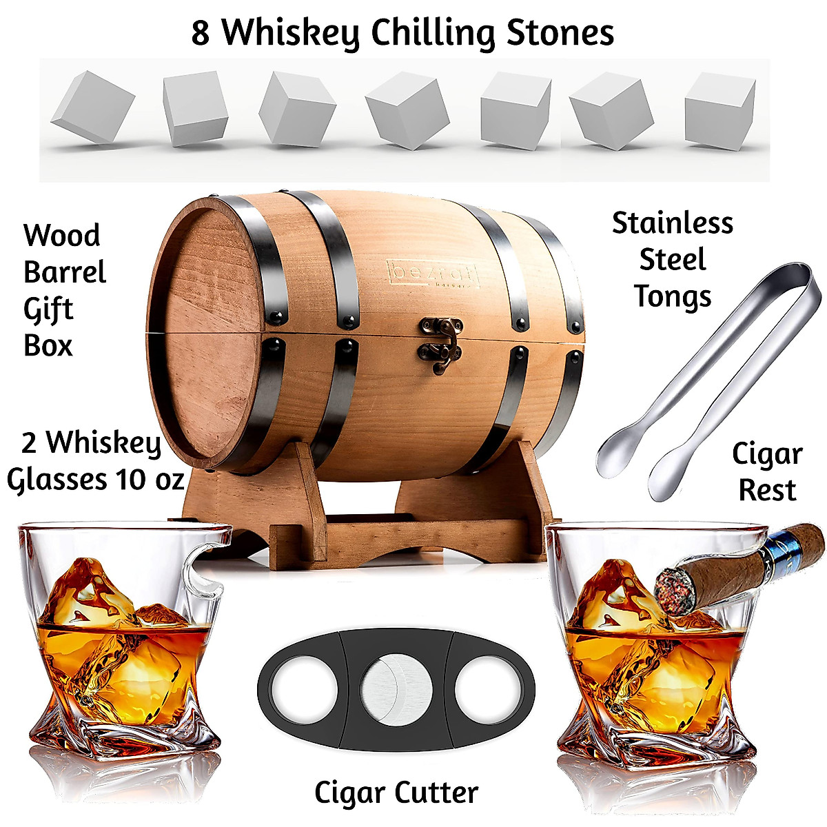 Whiskey Glasses Gifts for Men - Bourbon Whiskey Stones Unique Gift Set for Men in Whiskey Barrel Gift Box - Groomsmen Gifts for Men - Scotch Whiskey Glass Set Retirement Gift - Alcohol Gifts - Bezrat