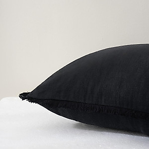 Linen Fringed Throw Pillow Cover - Soft Cozy Boho Cushion Covers with Tassel for Couch Sofa Farmhouse Natural Decor Burlap Pillowcase, Black 18x18 inches