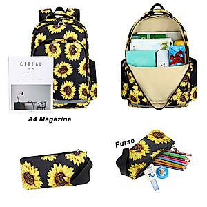 School Backpacks Girls Sunflower Bookbag Water-resistant Schoolbag Kids Insulation Lunch bag and Pencil case (Sunflower - Black)