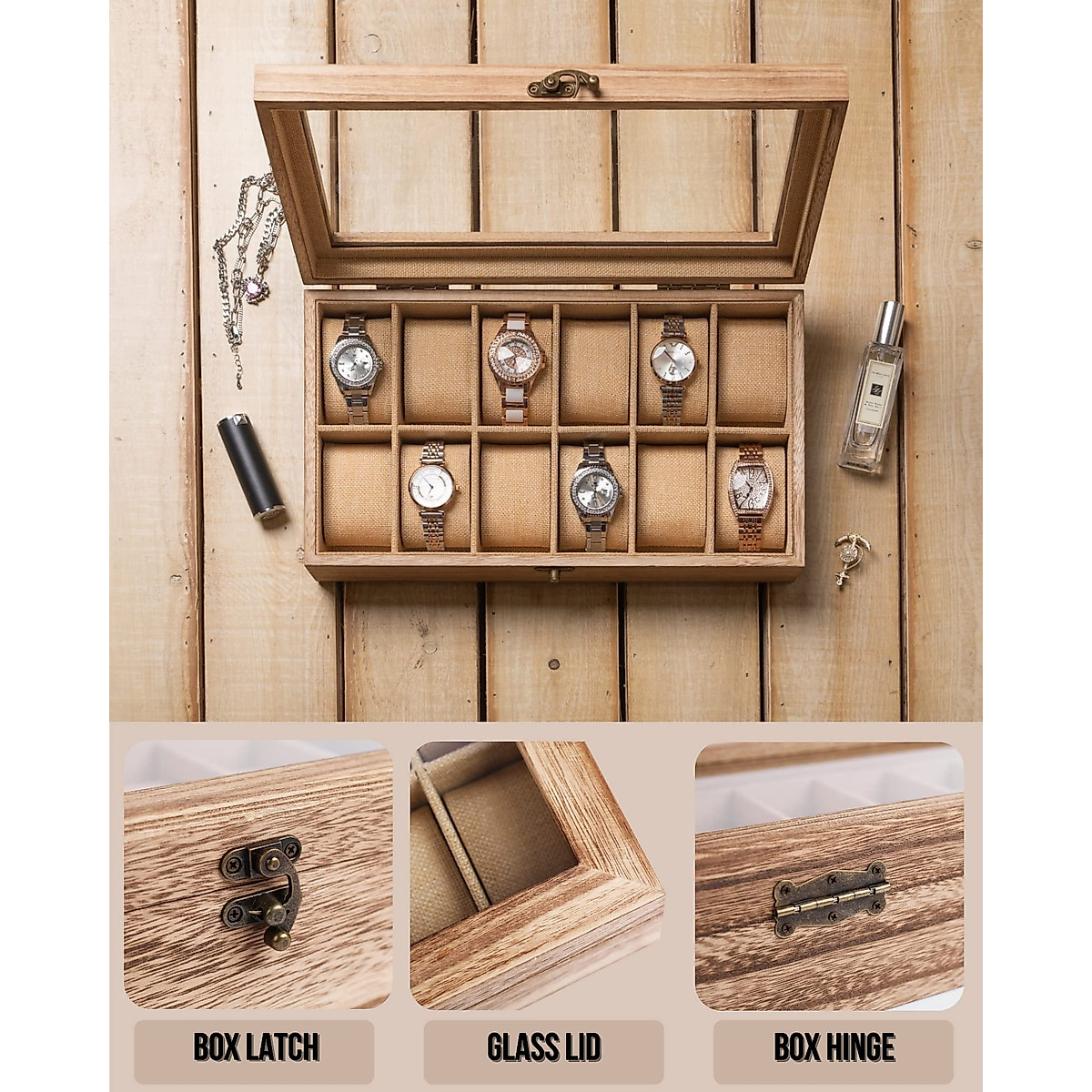 Exper City Watch Box, Watch Case for Men Women with Large Glass Lid, Wooden Watch Display Storage Box with 12 - Slots, Wood Mens Watch Box Organizer