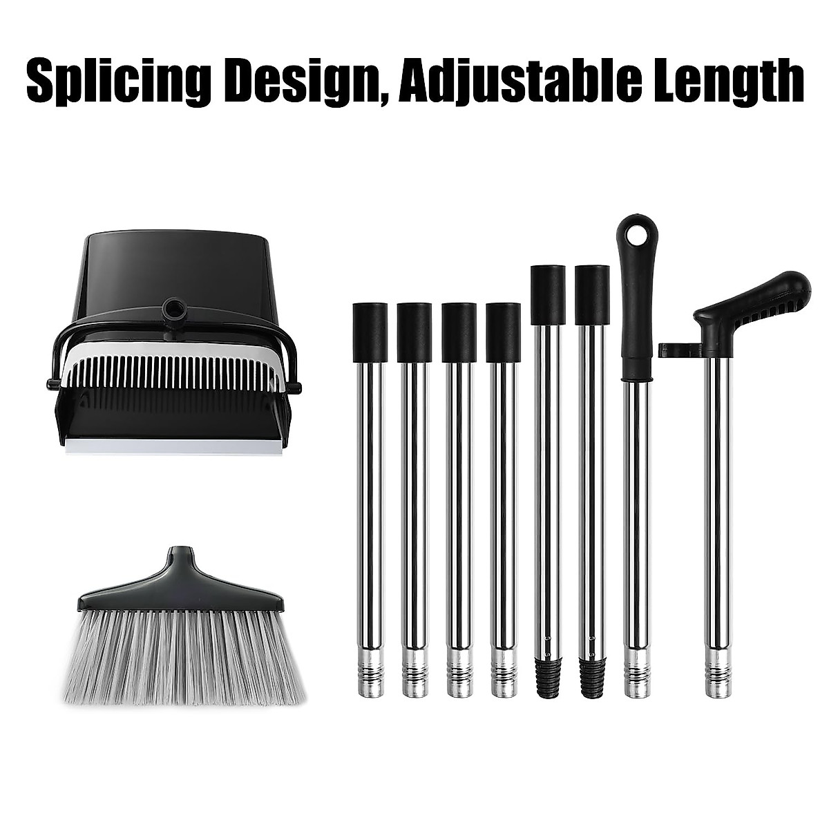 Broom and Dustpan Set with Long Handle, Windproof Stand Up Dustpan with Broom Combo for Home Kitchen Room Office Lobby Floor Use (Black&Grey, 45.3IN)