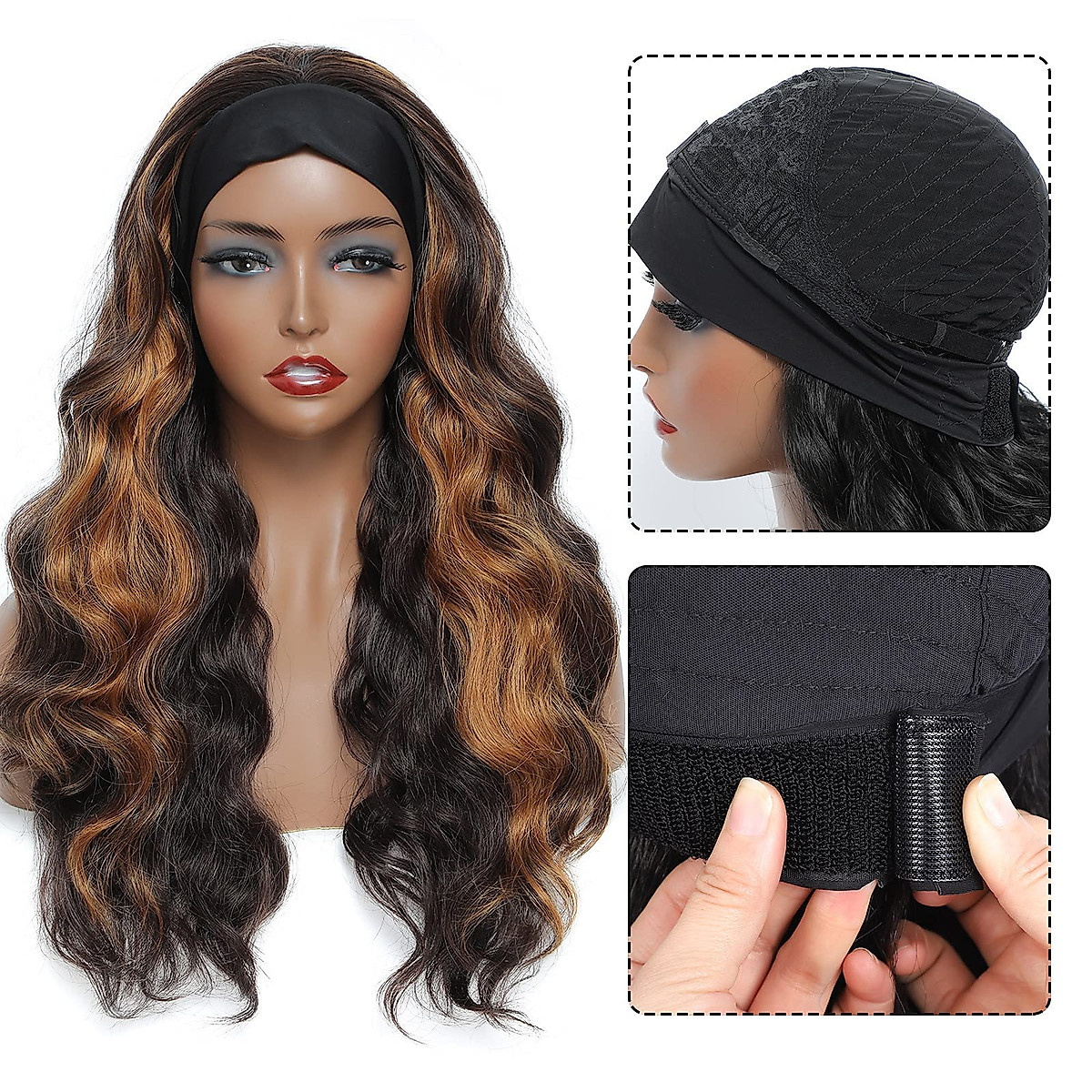 Brown Headband Wig 24 Inch Long Wavy Headband Wigs for Black Women Dark Brown Mix Blonde Highlights Loose Wave Headband Wig Synthetic Long Wigs for Women and Girls Daily Party Wear (Brown)