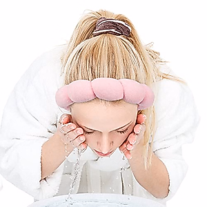 Zkptops Spa Headband for Washing Face Wristband Set Sponge Makeup Skincare Headband Wrist Towels Bubble Soft Get Ready Hairband for Women Girls Puffy Headwear Non Slip Thick Thin Hair Accessory(Pink)