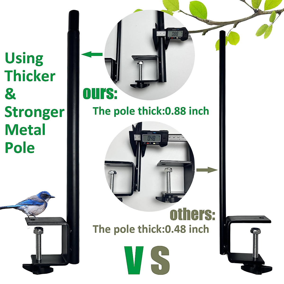 CQAIRIOU Upgraded Bird Feeding Station Kit,Deck Railing Bird Feeder Pole with 3 Hooks,Bird Bath,Mesh Tray and Suet Cage,Multi-Design Style,Used for Balcony Bird Feeder&Plant Hanger