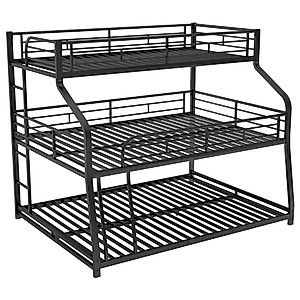 Bellemave Metal Triple Bunk Beds Twin XL/Full XL/Queen, Made of Heavy Duty Steel with Long and Short Ladder and Full-Length Guardrails for Boys, Girls, Teens (Black)