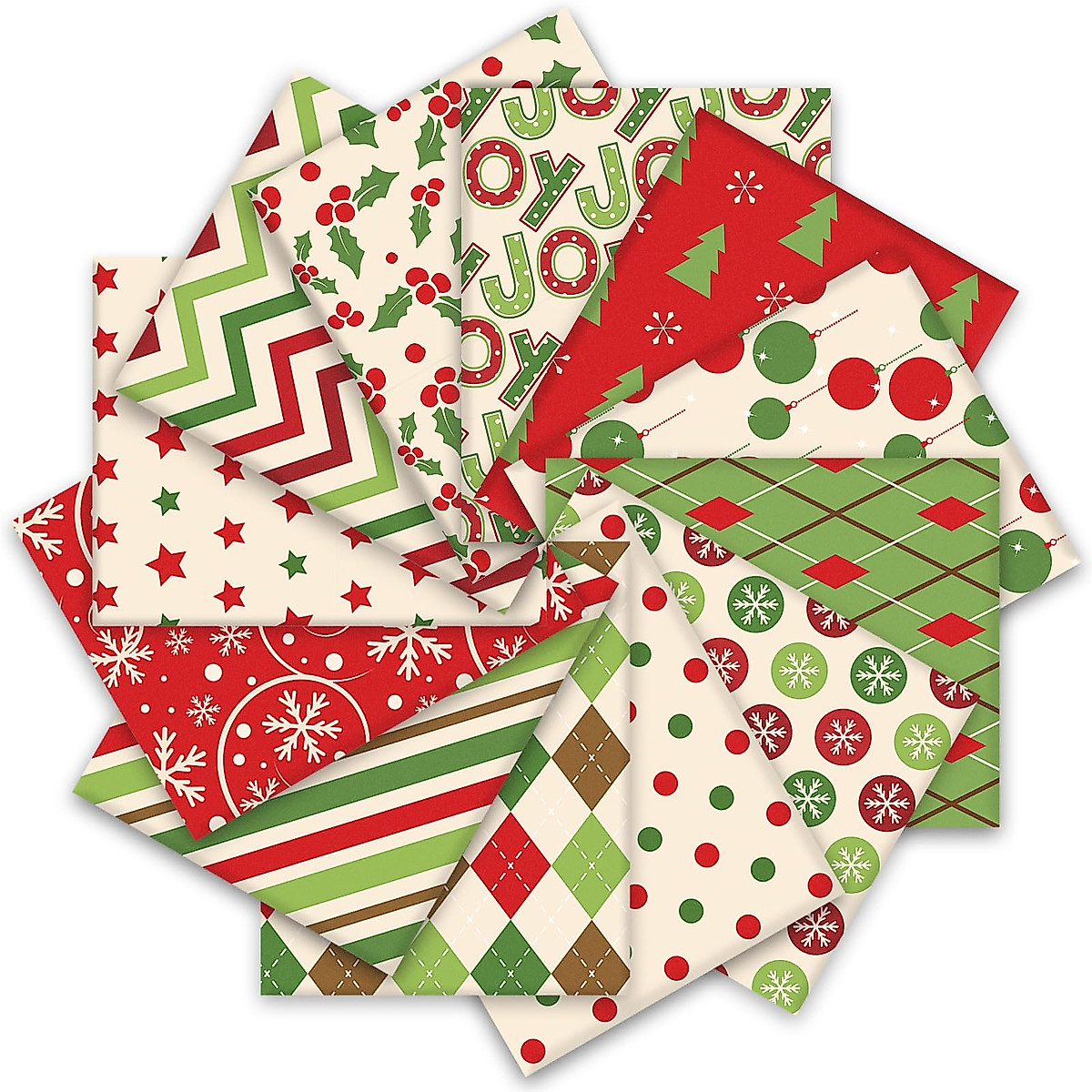 Whaline 12Pcs Christmas Cotton Fabric Bundles Xmas Tree Snowflake Dot Stripe Printed Fat Quarters Holiday Sewing Fabrics for DIY Handmade Crafting, 18 x 22 Inch