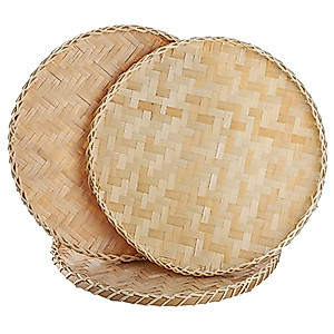 Suwimut 3 Pieces Handmade Bamboo Woven Basket Tray, 13 Inch Flat Wicker Round Fruit Basket Woven Food Storage Shallow Tray Decorative Serving Tray Wall Hanging Baskets for Breakfast, Snacks (Beige)
