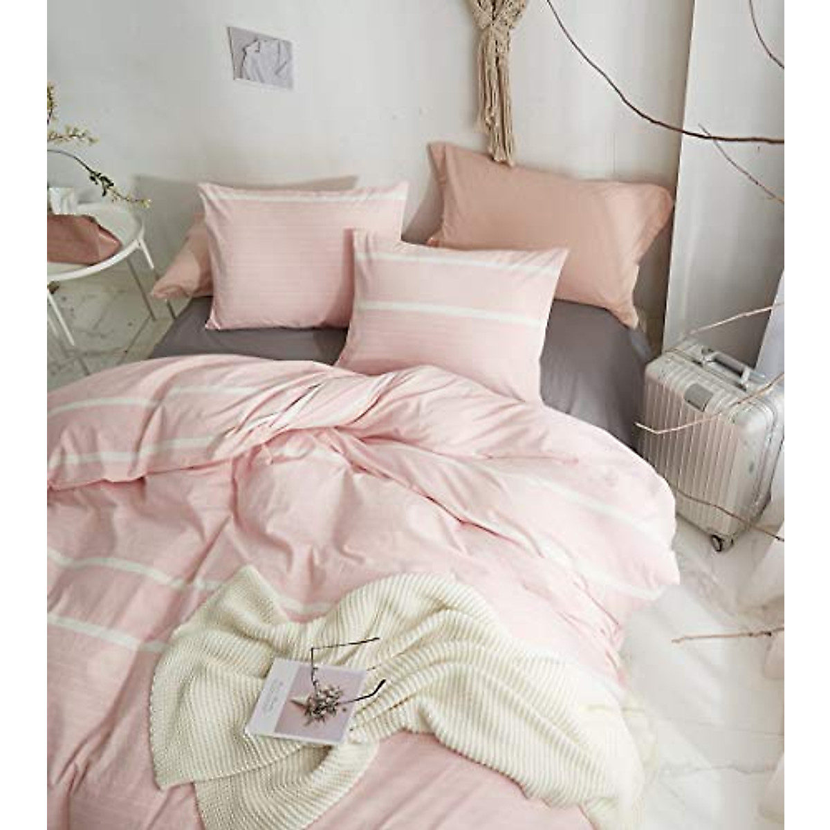 HYPREST 100% Cotton Duvet Cover Queen - Pink Striped Duvet Cover Soft Comfortable Cute Light Pink Comforter Cover Bedding Set