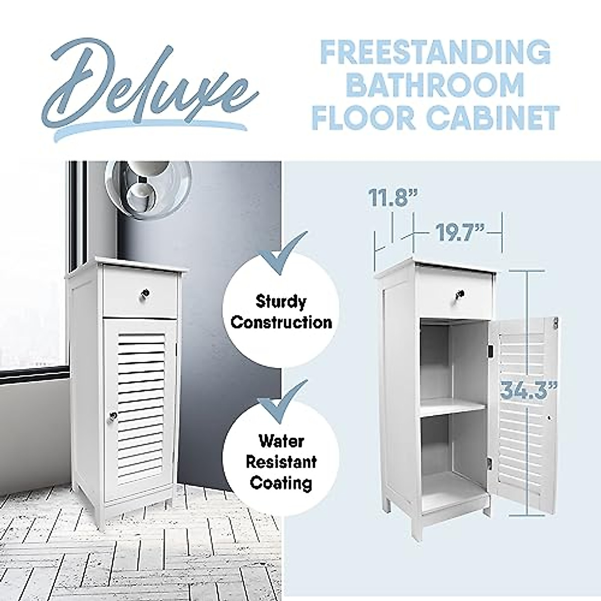 MICRODRY Narrow Bathroom Storage Floor Cabinet with Slatted Door, Drawers and Shelves, Bathroom Storage, Compact Functional Design, Premium Water Resistant Coating, Easy to Assemble, White