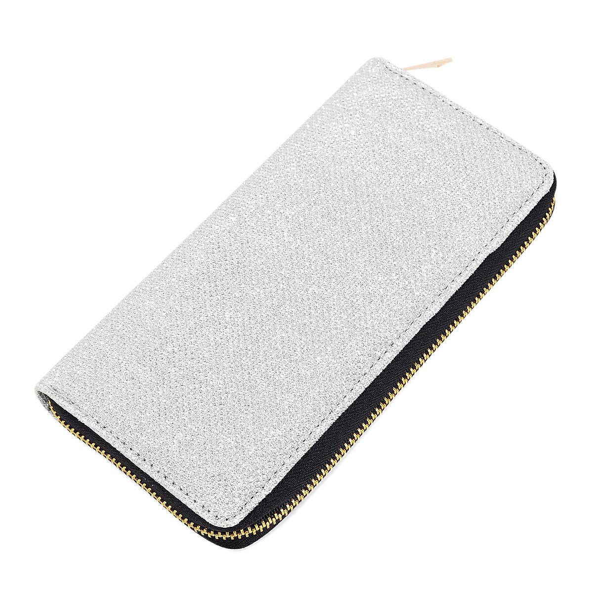 Premium Glitter Fabric Bling Continental Zip Around Wallet, Silver