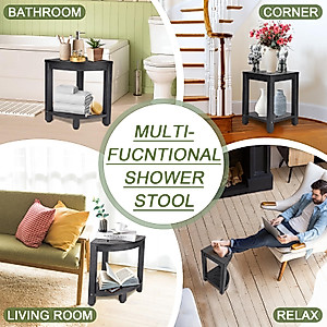 Natree Poly Lumber Shower Foot Rest 17 in, Shower Stool Corner Bench with Storage Shelf, Water Repellent Shower Stool for Shaving Legs, Corner Seat for Bathroom Living Room Shower Spaces(Black)