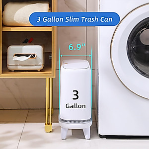 MOPALL Bathroom Trash Can, 3 Gallon Trash Can with Lid, Slim Bathroom Garbage Can with Press Top Lid, Modern White Trash Bin with Legs, Plastic Waste Basket for Bathroom, Bedroom, Home Office