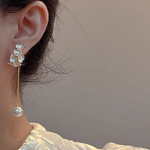 Cualque White Pearl Flower Drop Earrings 925 Sterling Silver Post Long Fringe Pearl Pendant Petal Stud Dangle Statement Earring for Women (Pearl Flower)