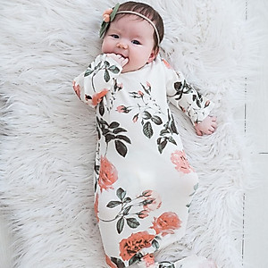 Giggle Angel Newborn Baby Sleeper Gown Infant Knotted Gown Baby Girl Long Sleeve Gowns Coming Home Outfits Hat Set 0-3 Months (Inkgreen)