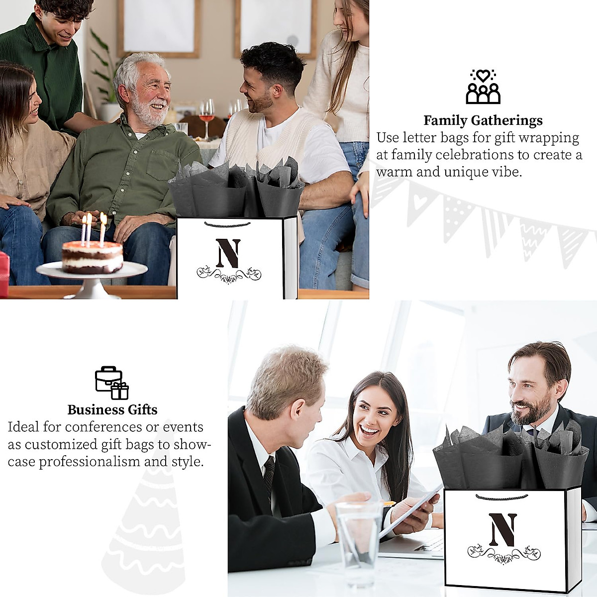 Letter Gift Bag with Wrapping Tissue for Men Women Boy Girl, 12" Large White Black Paper Bag for Birthday Anniversary Baby Shower Wedding Party - Single N