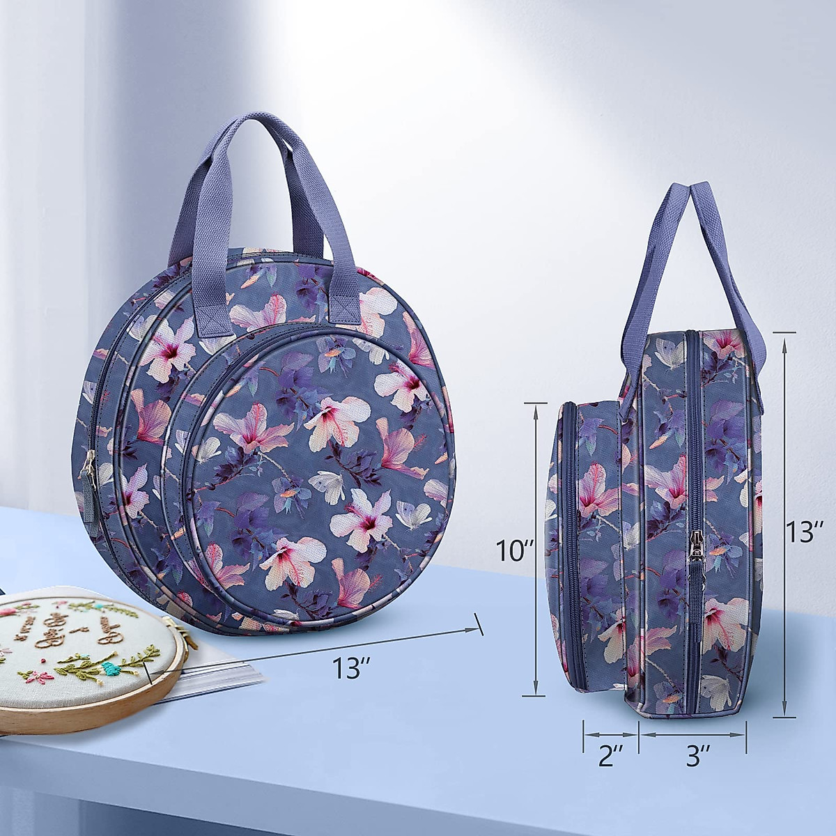 FINPAC Embroidery Project Bag, Embroidery Supplies Storage Carrying Tote Case with Multiple Pockets for Embroidery Floss, Embroidery Hoops, Thread, Stitch Tools Kit [Bag Only] - Blooming Hibiscus