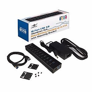 Vantec 10-Port USB 3.0 Hub, Aluminum, Full Powered, Mountable, with All Ports Data & Charging Up to 1.5A, BC 1.2, Premium 12V/5A, 60W Power Adapter (UGT-AH110U3-BK),Black