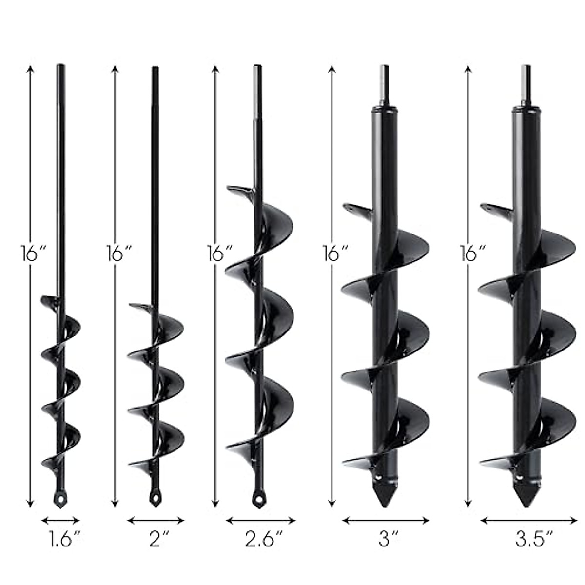 VASGOR Set of 5 Auger Drill Bit for Planting (1.6x16", 2x16", 2.6x16", 3x16", 3.5x16") - Easy Planter Garden Auger - Bulb & Bedding Plant Augers - Post Hole Digger for 3/8” Hex Drive Drill