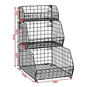Yuyetuyo Stackable Wire Baskets 3 Tier Wall-Mounted & Countertop Organizer for Fruit Vegetable( Potato, Onion) Produce Snack Food, Metal Storage Bin for Pantry Kitchen Cabinet, Black