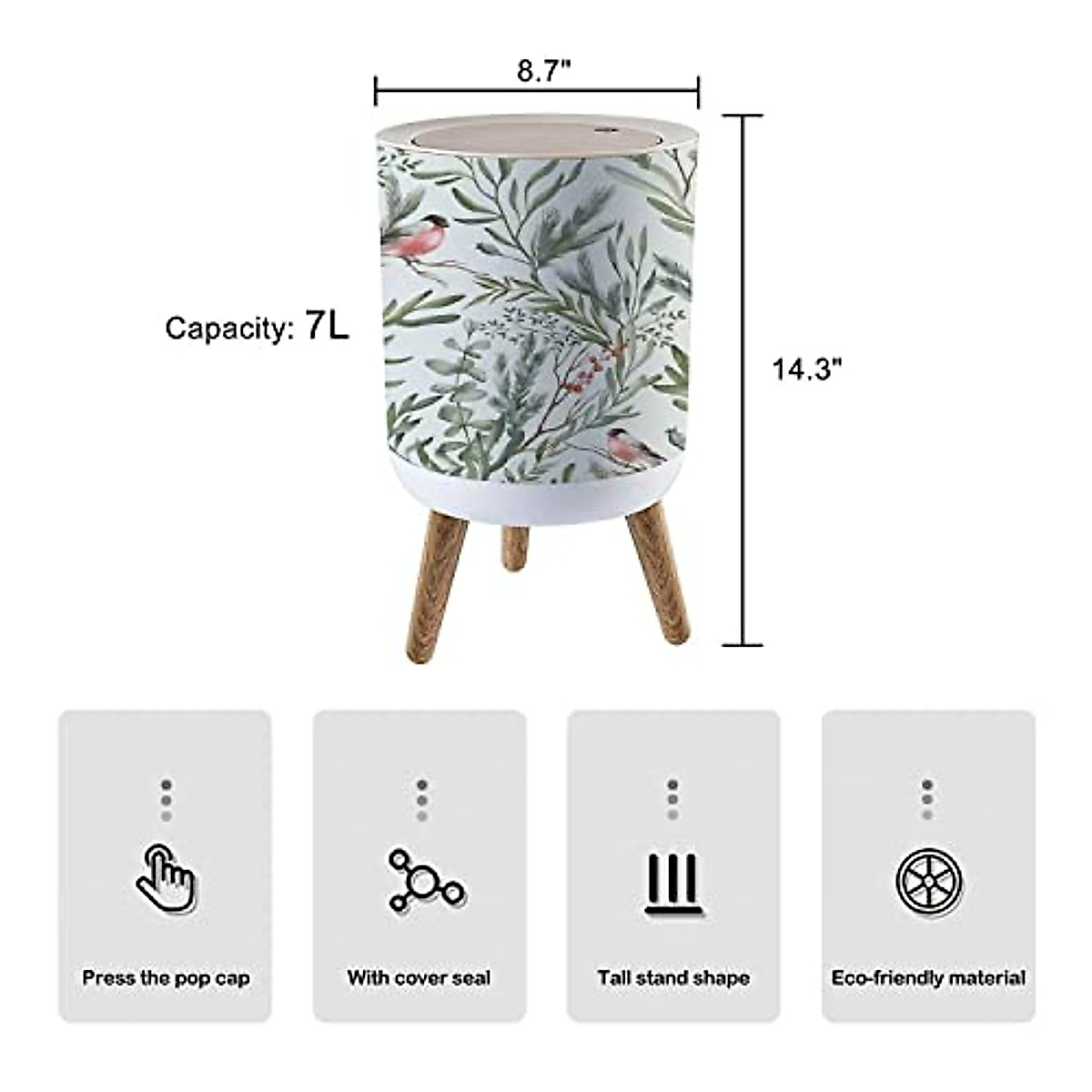 Small Trash Can with Lid Watercolor Seamless with Winter Leaves Branches Berries Bullfinch Bird 7 Liter Round Garbage Can Elasticity Press Cover Lid Wastebasket for Kitchen Bathroom Office 1.8 Gallon