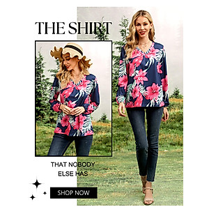ZXZY Womens Hawaiian Shirt Vintage Leaf Floral Printed Tropical Tops V Neck Puff Long Sleeves Shirts Blue
