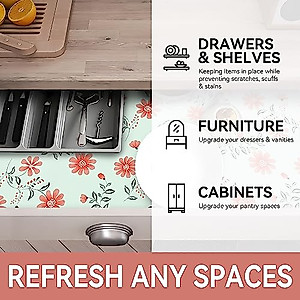 RAY STAR Shelf Liner, 12 Inch x 10 Feet Non Adhesive Golden Red Daisy Floral Cabinet Liner for Pantry Drawer Vanity, Strong Grip Non Slip Waterproof, Shelf Liners for Kitchen Cabinets
