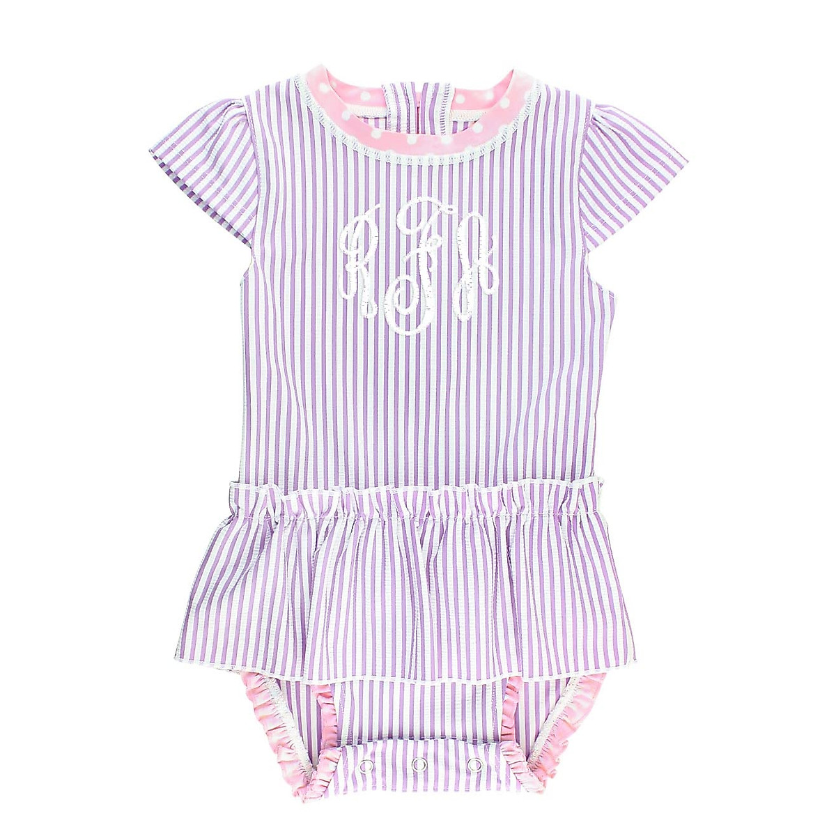 RuffleButts Infant/Toddler Girls Peplum Skirt One Piece Rash Guard Swimsuit - Lilac Seersucker - 12-18m