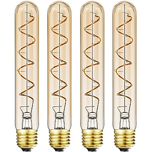 Dimmable T10 LED Bulbs, Warm White 2200K Amber, 7.3inch Long Tubular Light Bulb, 40 Watt Vintage Edison LED Filament Bulb,400lm,E26 Base Led Tube Bulb,Amber Glass,Pack of 4