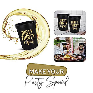 Dirty Thirty Crew 30th Birthday Party Cups and 1"Talk Thirty to Me" Button, Set of 12, 16oz Black and Gold 30th Birthday Stadium Cups, Perfect for Birthday Parties,Birthday Decorations (Regular)