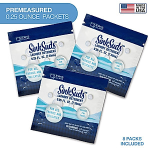 SinkSuds Laundry Detergent, Travel Size Liquid Soap, TSA Compliant, Safe For All Fabrics, 8 Packets (Packaging May Vary)