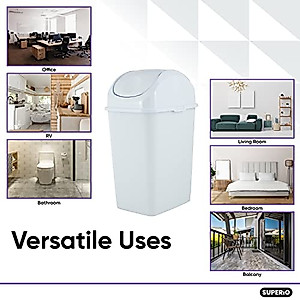 Superio Small 2.5 Gallon Plastic Trash Can with Swing Top Lid, Waste Bin for Under Desk, Office, Bedroom, Bathroom- 10 Qt, (White)