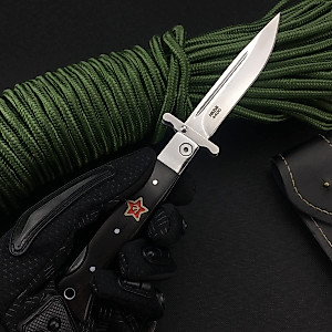 8.7inch EDC Folding Lock Back Pocket Knife with Leather Sheath, 440C Steel Blade Wood Handle, Tactical Pocket Knife with Hand-Blocking Design for Camping Survival