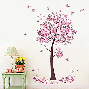 BIBITIME Beautiful Butterfly Tree Wall Decals Living Room Branch Butterflies Hearts Vinyl Sticker for Nursery Bedroom Kids Room Decor Art Mural DIY PVC Decorations