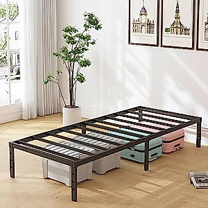HOBINCHE 14 Inch Metal Twin Bed Frame No Box Spring Needed - Easy Assembly Heavy Duty Noise Free Narrow Bedframes - Single Black Basic Anti Squeak Steel Slats Platform with Storage