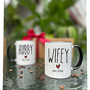 Est 2024 Hubby & Wifey Coffee Mugs Set, Wedding Gift Set of 2 to Give, Bride Groom Mug Set, Couples Coffee Mug Set, Newlywed Coffee Mugs Gift Set, Mr & Mrs Bridal Shower Gift (Black Handle)-5
