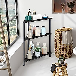 Fogein 3 Tier Corner Shelf, Triangle End/Side Table, Corner Nightstand, Corner Bookshelf with Metal Frame Corner Shelf Stand for Small Space Living Room(Black)