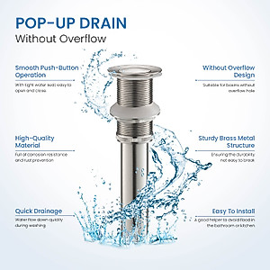 KIBI Bathroom Sink Pop Up Drain Without Overflow (Small Cover) | Lavatory Vanity Drain Stopper (Brushed Nickel) (KPW101)