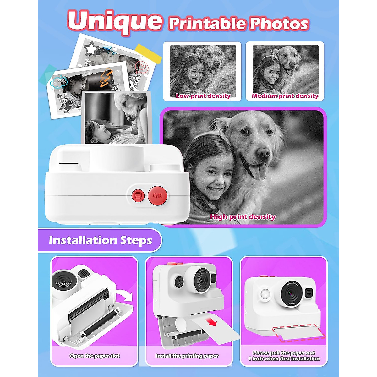 Anchioo Kids Camera Instant Print, 1080P Kids Digital Camera with Printer Paper, Christmas Birthday Gift for Girls Boys Age 3-12, Kids Print Camera Toy for 4 5 6 7 8 Year Old Boy, 32G SD Card - White