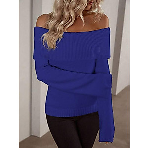 Labolliy Women Off Shoulder Fold Over Long Sleeve Sweaters Casual Solid Ribbed Knit 2023 Fall Pullover Jumper Tops Royal Blue