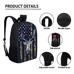 Mumeson Cool Deer and America Flag Print Kids Backpack Schoolbag Soft Cushion Shoulder Straps Rucksack Daypack Durable Zipper Closure Bookbag for Boys Middle School