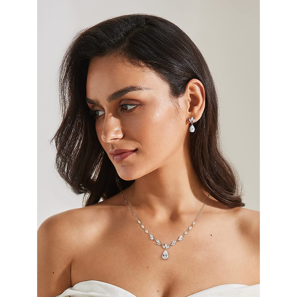 SWEETV Wedding Jewelry Set for Bride Bridesmaids, Teardrop Bridal Necklace Earrings Set, Cubic Zirconia Wedding Bridal Jewelry for Women